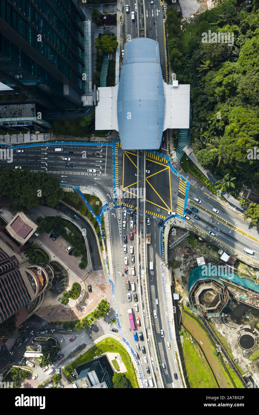 View from above, stunning aerial view of a traffic jam in a road ...