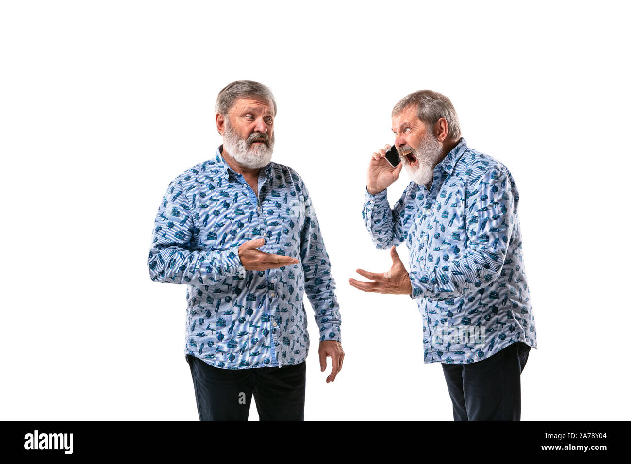 Senior man arguing with himself on white studio background. Concept of ...