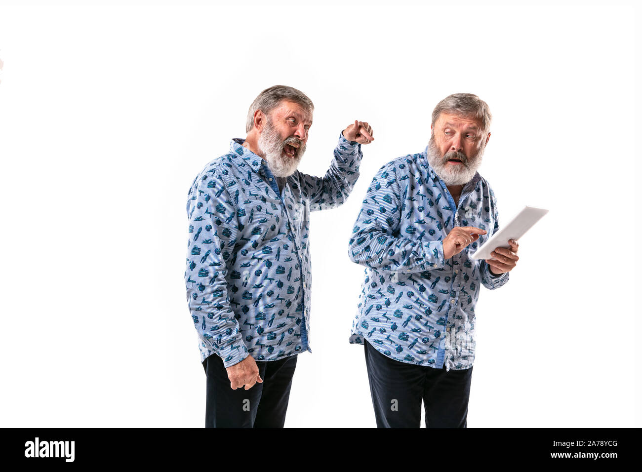 Senior man arguing with himself on white studio background. Concept of ...