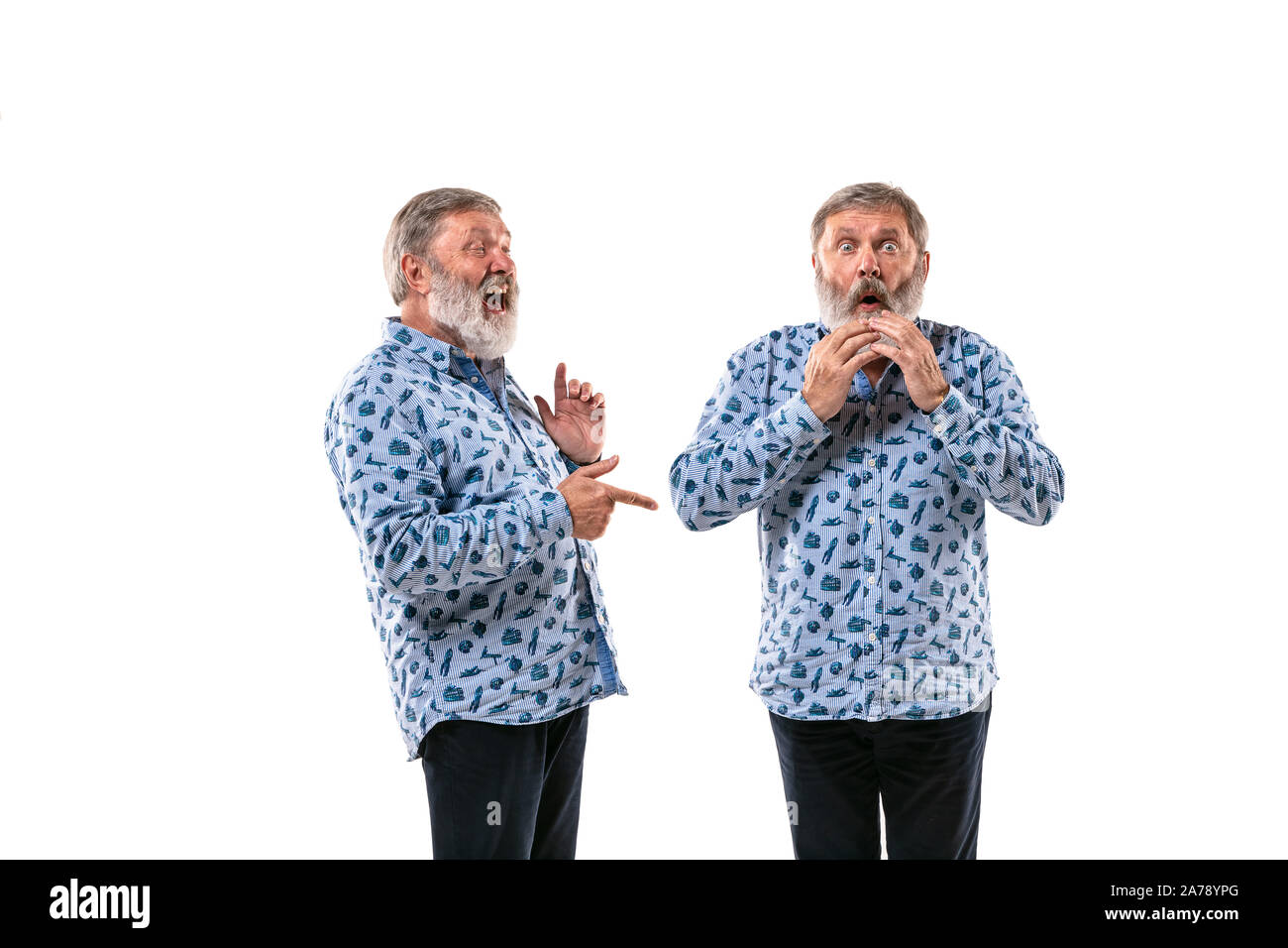 Senior man arguing with himself on white studio background. Concept of ...