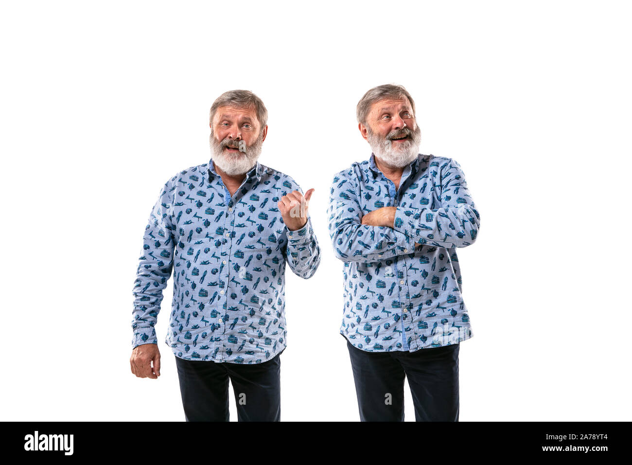 Senior man arguing with himself on white studio background. Concept of ...