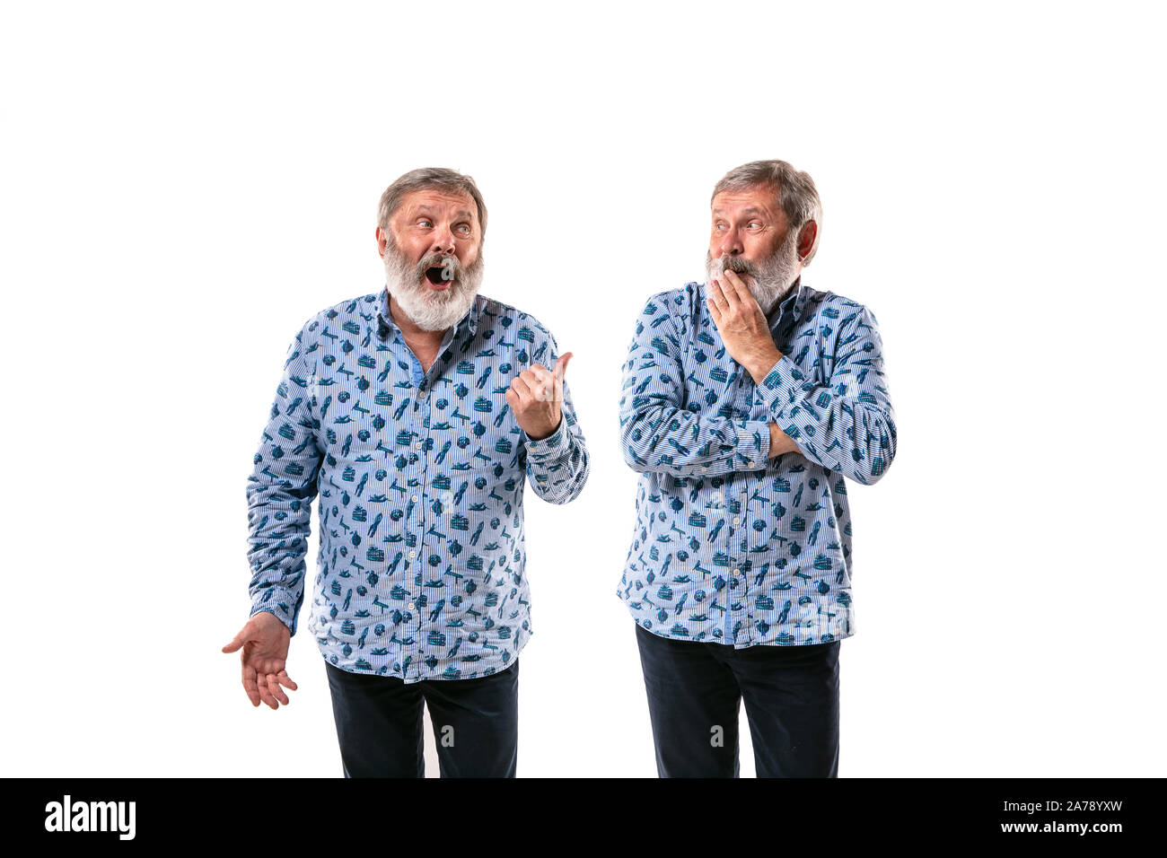 Senior man arguing with himself on white studio background. Concept of ...