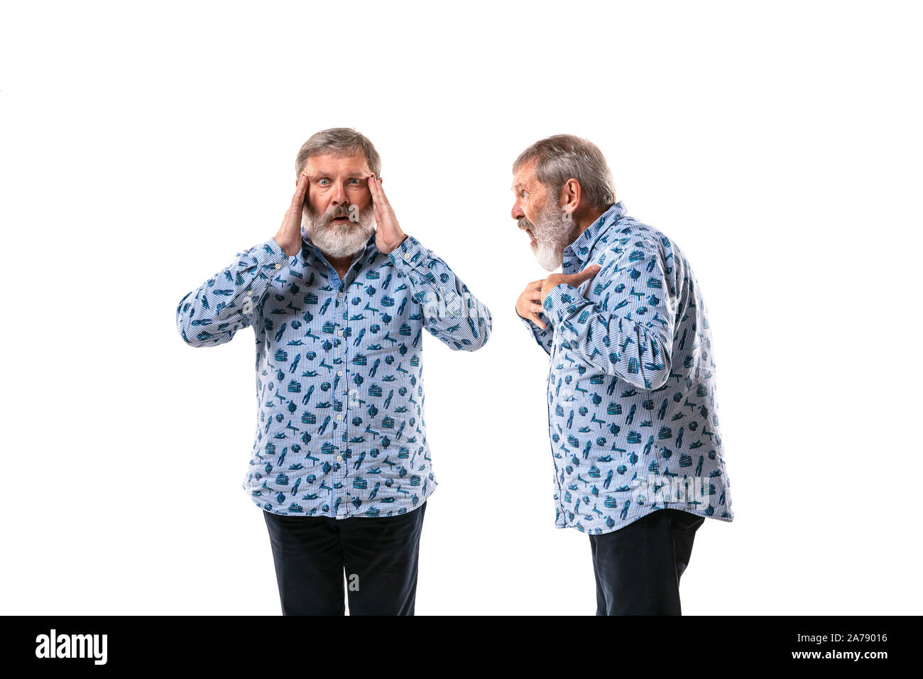 Senior man arguing with himself on white studio background. Concept of ...