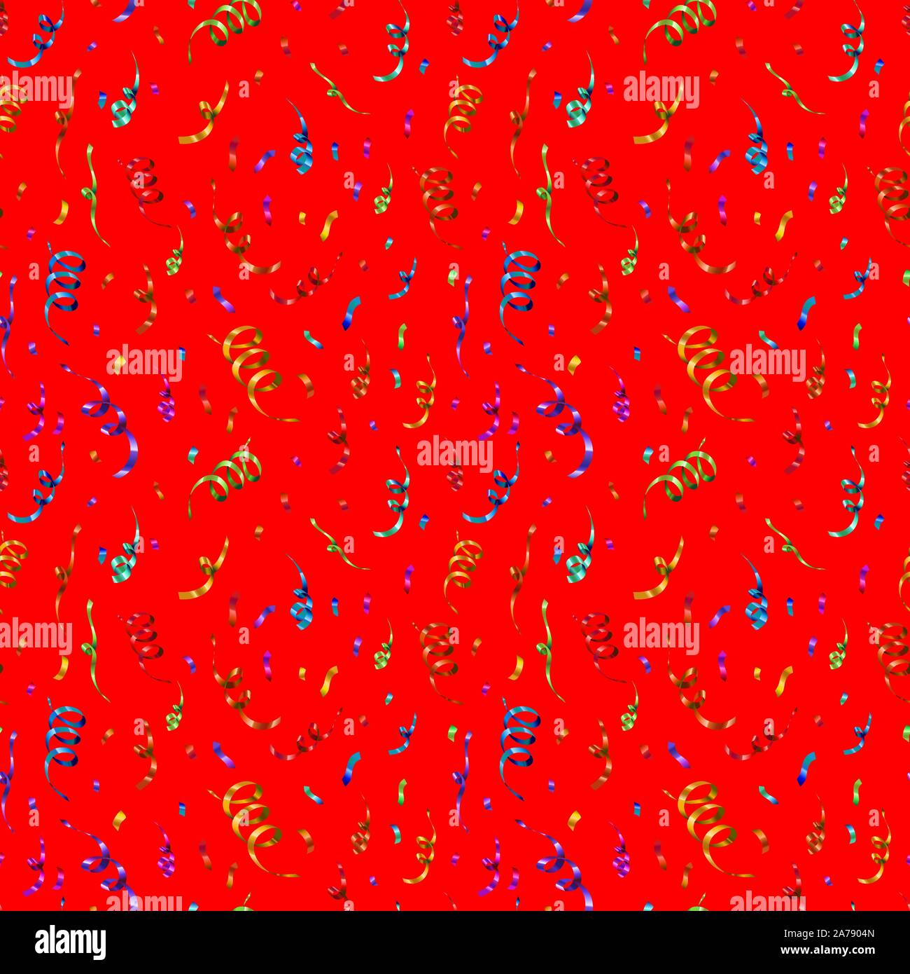 A lot of bright colorful confetti and serpentine on red background ...