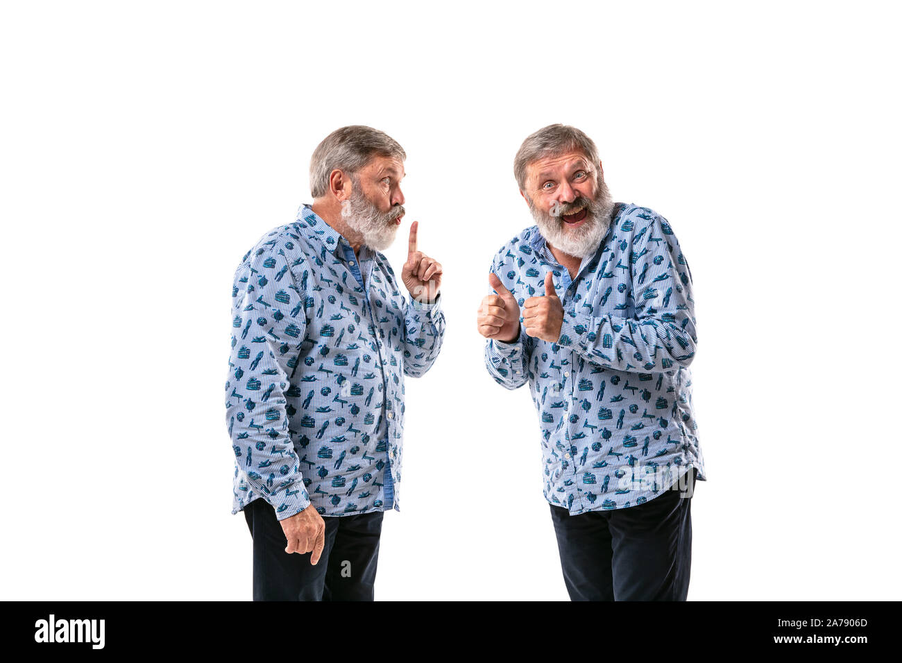 Senior man arguing with himself on white studio background. Concept of ...