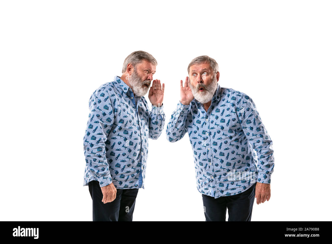 Senior man arguing with himself on white studio background. Concept of ...