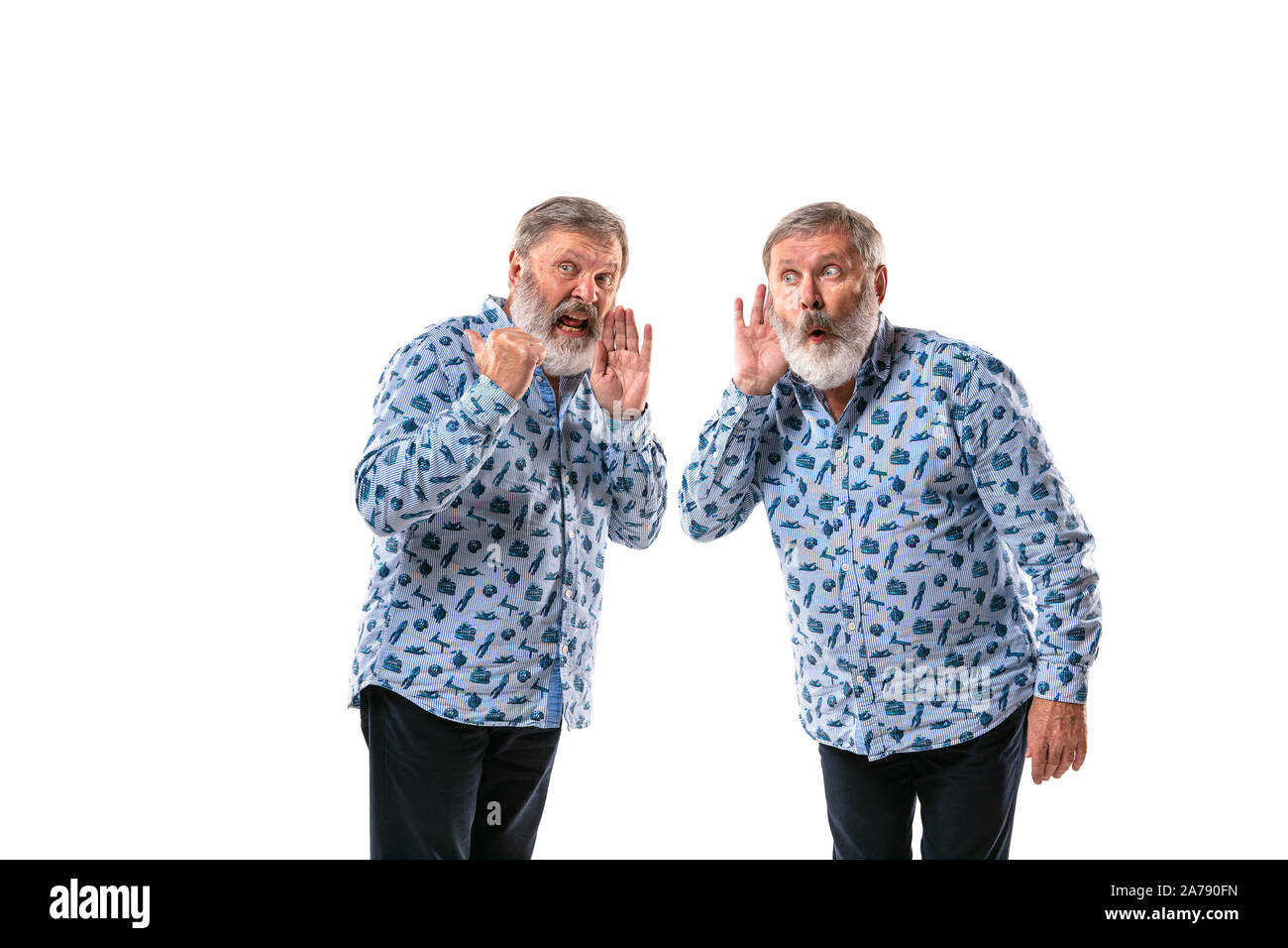 Senior man arguing with himself on white studio background. Concept of ...