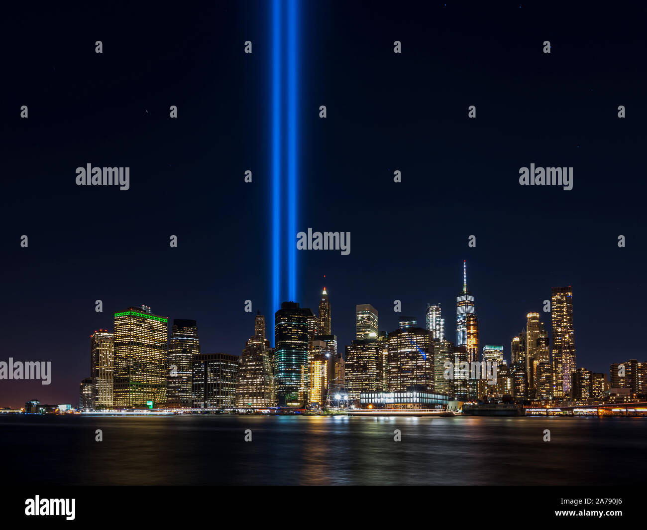 Clear view from Brooklyn of 911 memorial tribute light in Manhattan ...