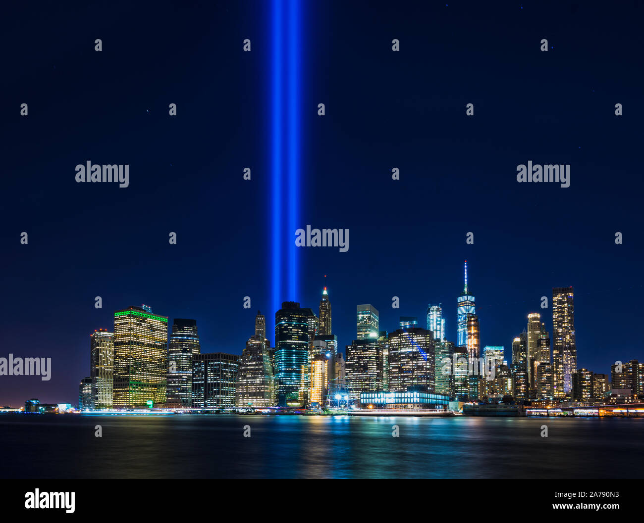 Clear view from Brooklyn of 911 memorial tribute light in Manhattan ...
