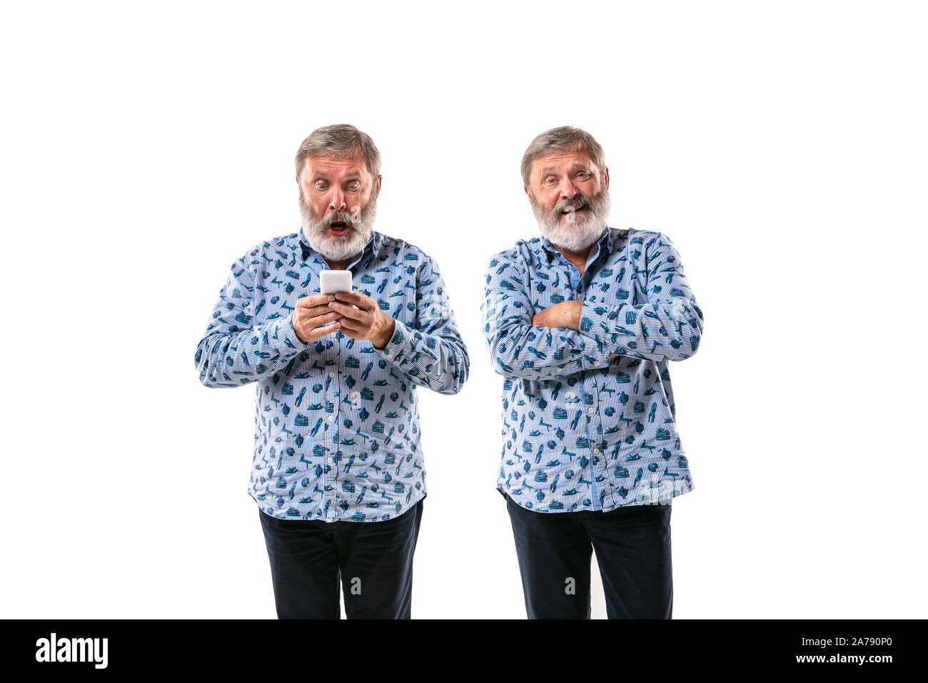 Senior man arguing with himself on white studio background. Concept of ...