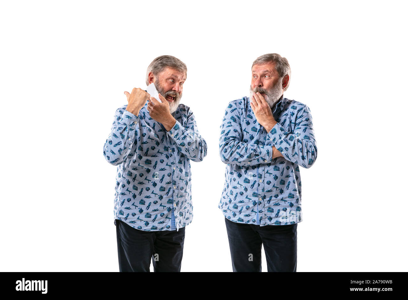 Senior man arguing with himself on white studio background. Concept of ...