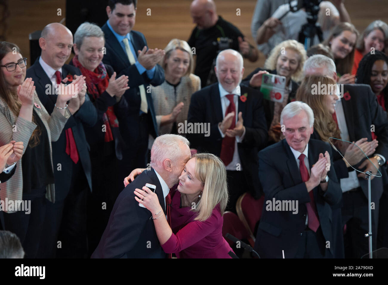 Labour Leader Jeremy Corbyn hugs Rebecca Long Bailey, surrounded by ...