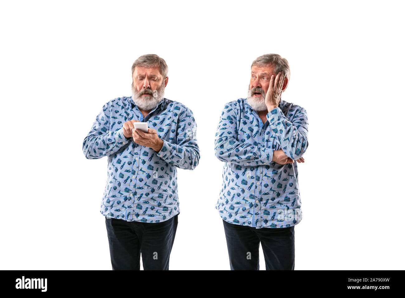 Senior man arguing with himself on white studio background. Concept of ...