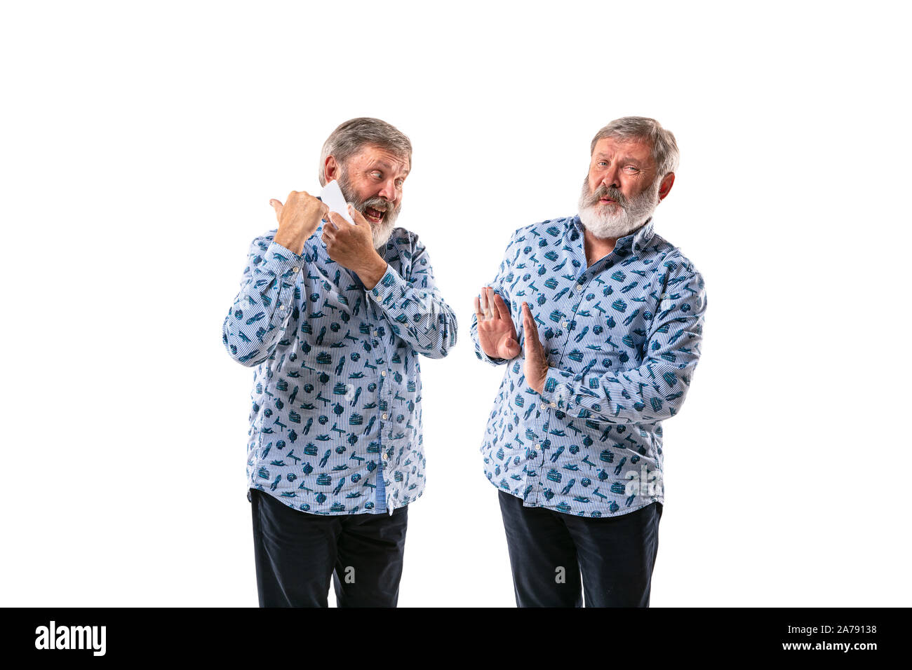 Senior man arguing with himself on white studio background. Concept of ...