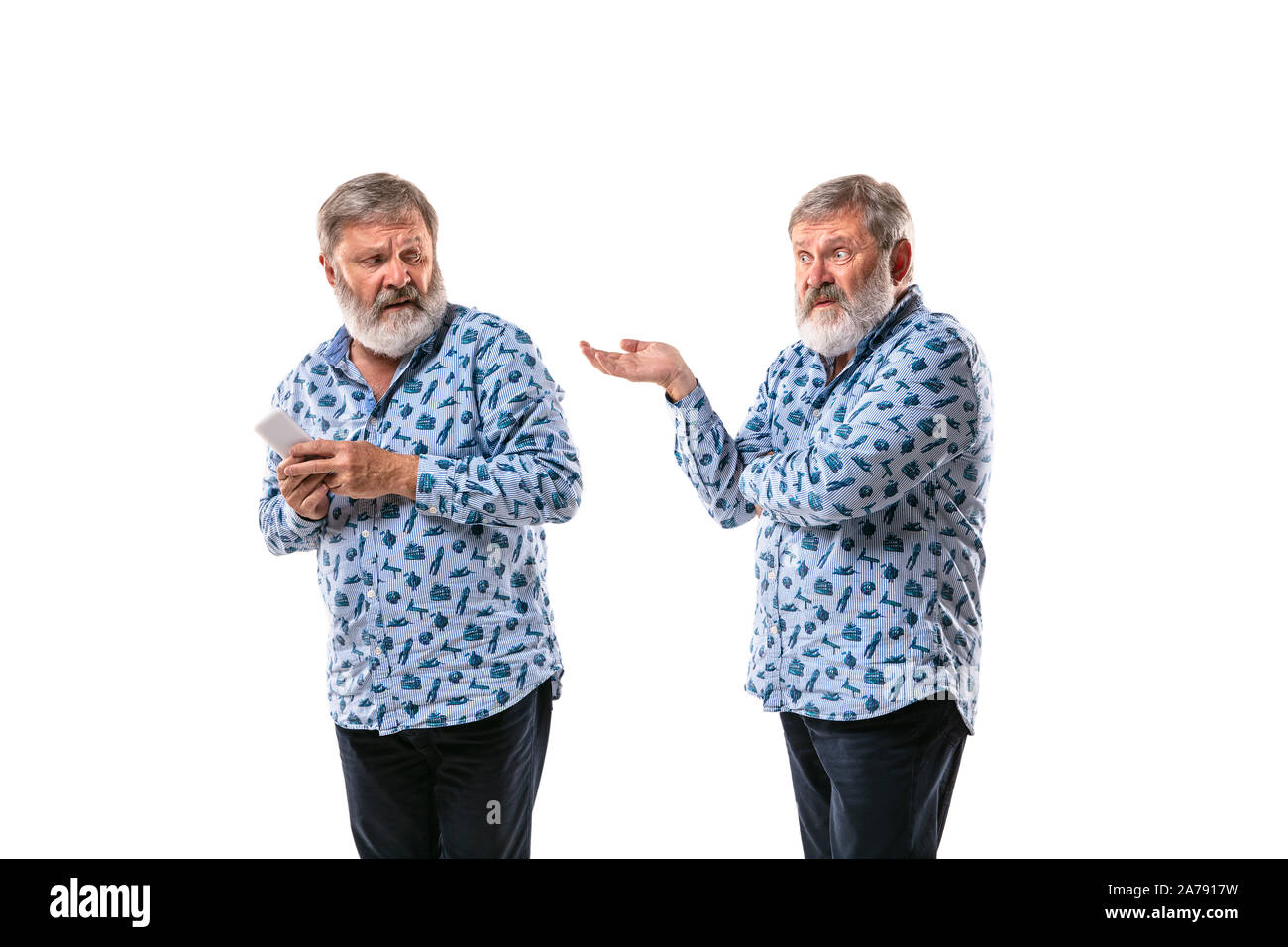Senior man arguing with himself on white studio background. Concept of ...