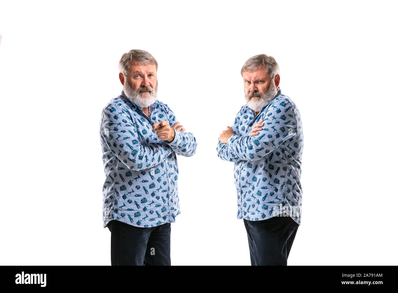 Senior man arguing with himself on white studio background. Concept of ...