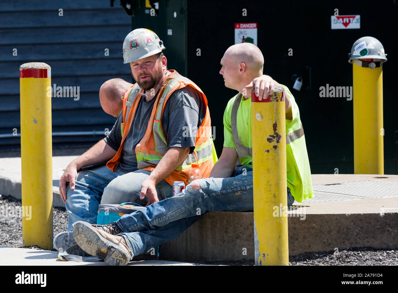 Canada, halifax .Nova scotia Construction workers having lunch break ...
