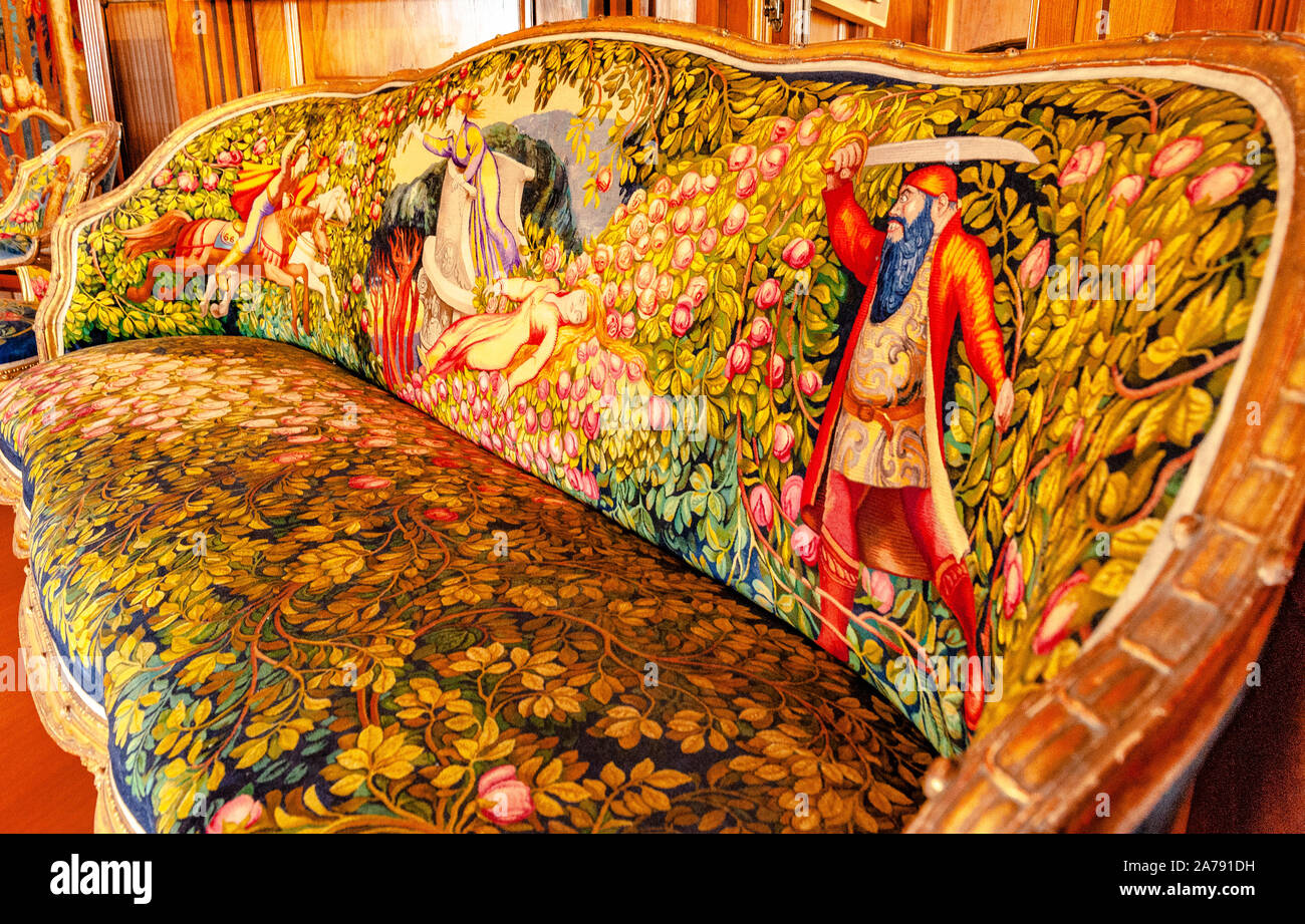 Settee at Villa Arnaga, the home of the writer Edmond Rostand, known ...