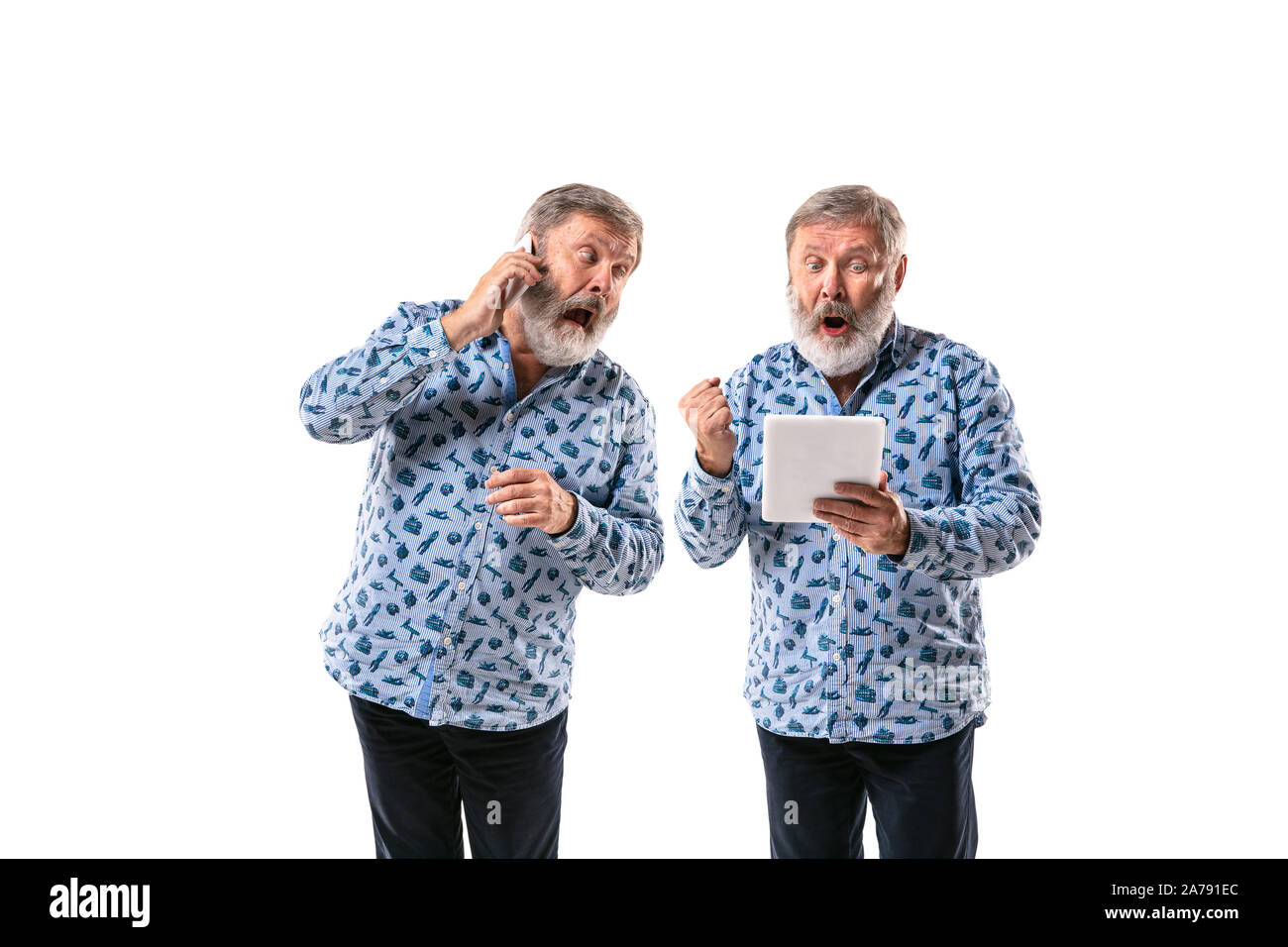 Senior man arguing with himself on white studio background. Concept of ...