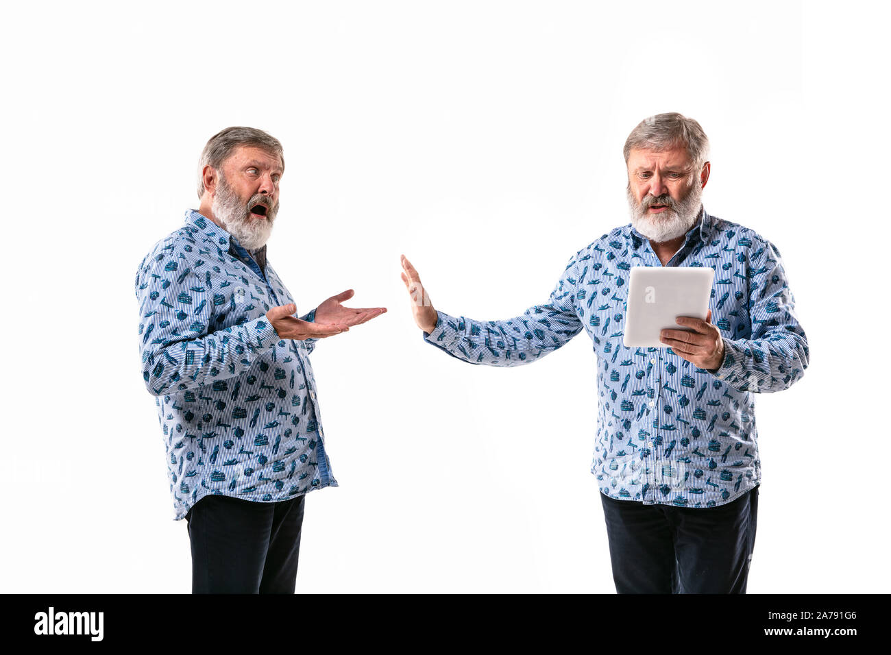 Senior man arguing with himself on white studio background. Concept of ...