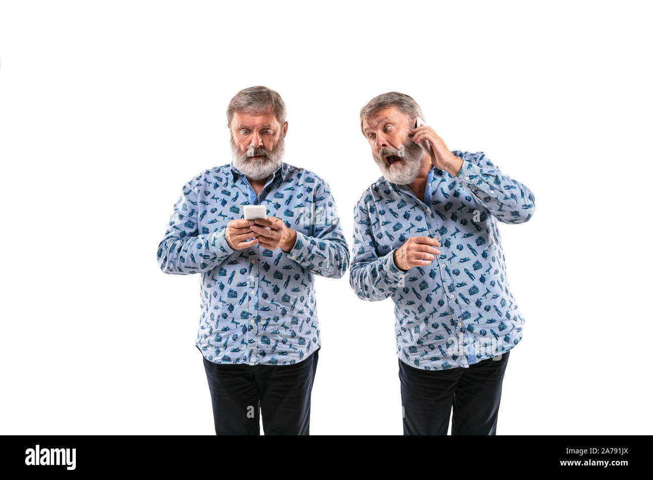 Senior man arguing with himself on white studio background. Concept of ...
