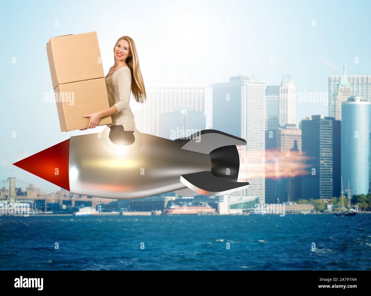 Woman in fast box delivery service on rocket hi-res stock photography ...