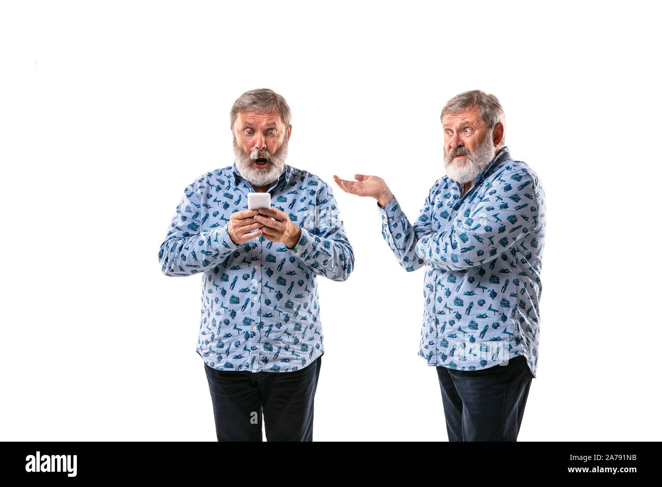 Senior man arguing with himself on white studio background. Concept of ...