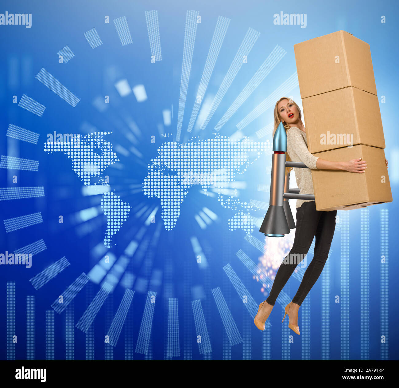 The woman flying jetpack and delivering boxes globally Stock Photo - Alamy
