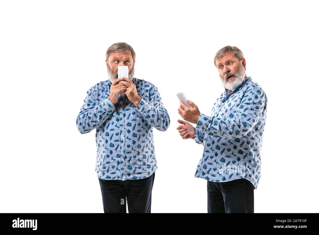 Senior man arguing with himself on white studio background. Concept of ...