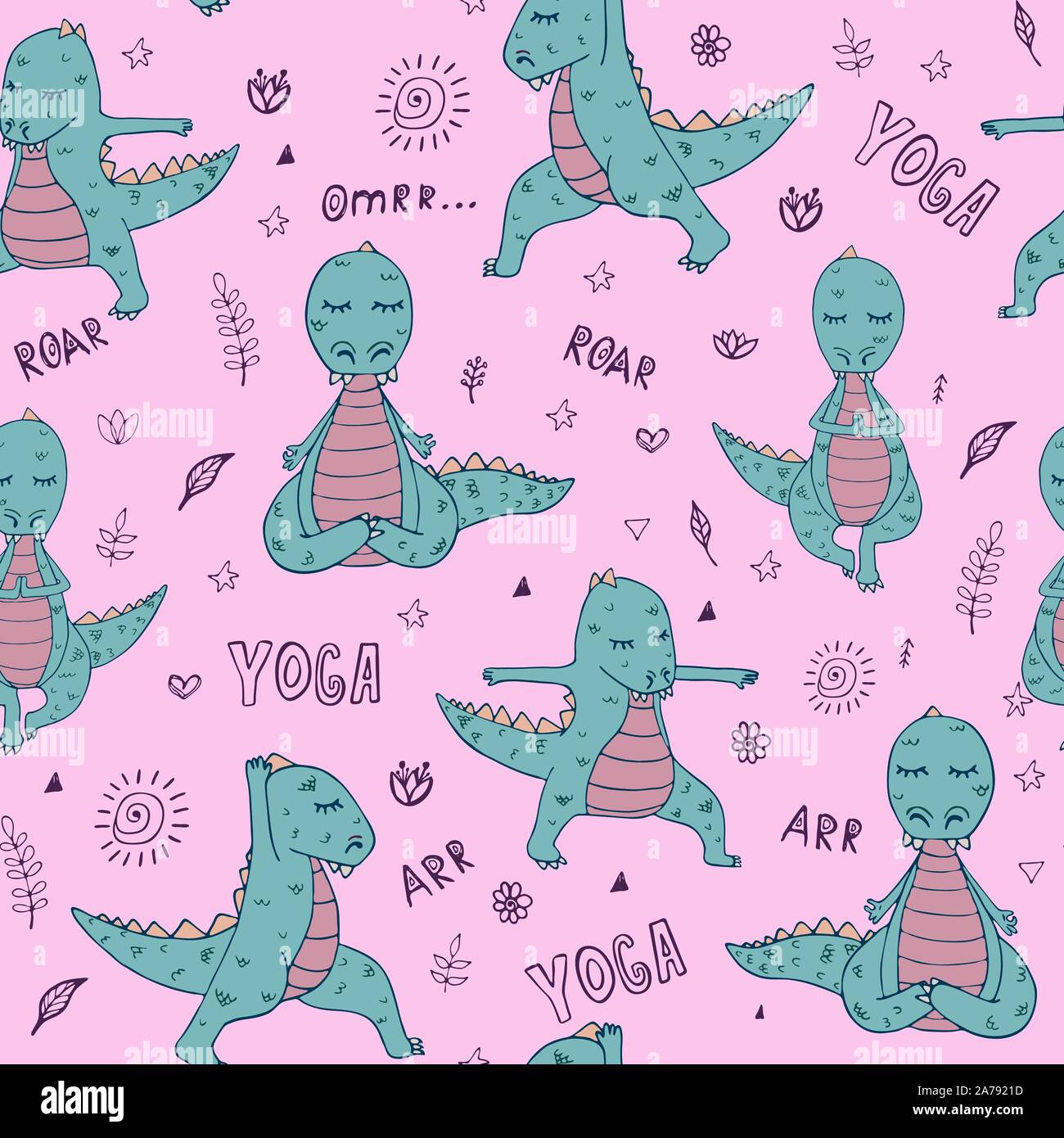 Dinosaur in yoga asanas, hand drawn vector seamless pattern Stock ...