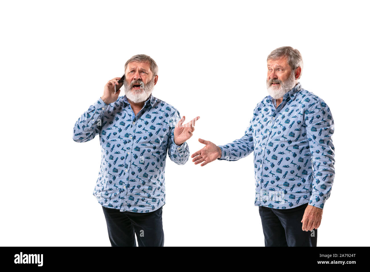 Senior man arguing with himself on white studio background. Concept of ...