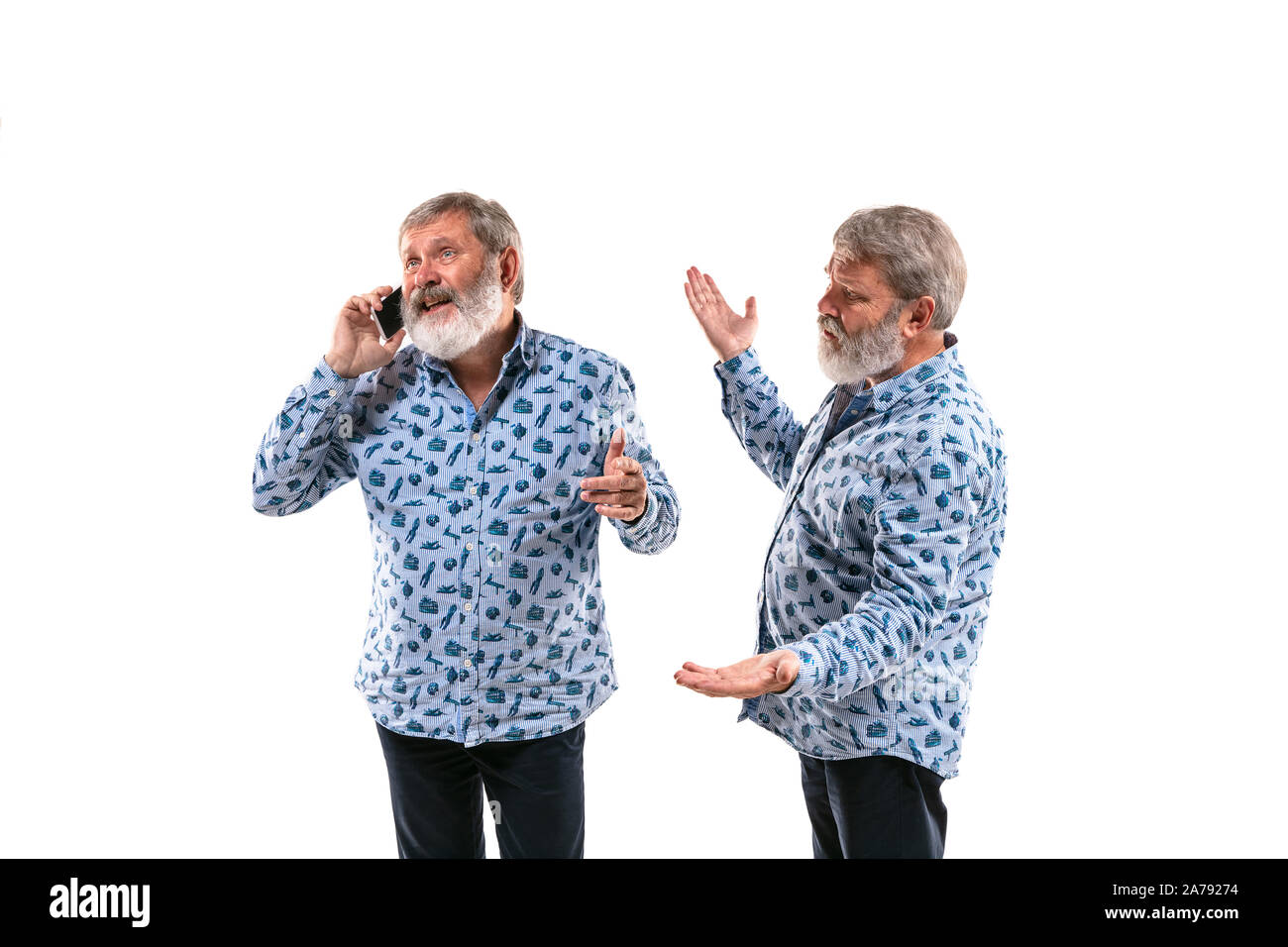Senior man arguing with himself on white studio background. Concept of ...