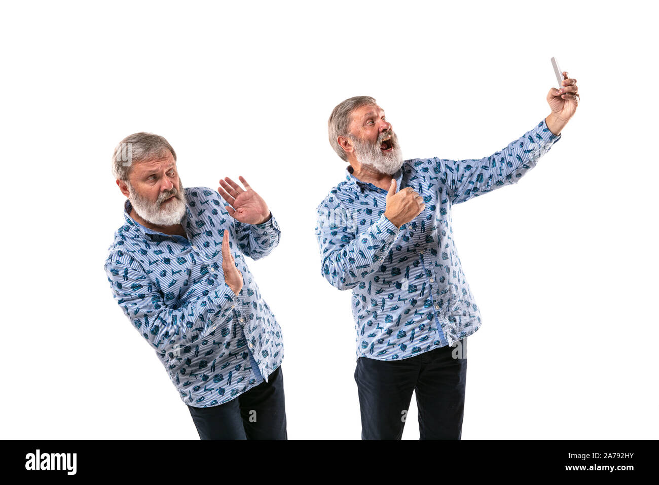 Senior man arguing with himself on white studio background. Concept of ...