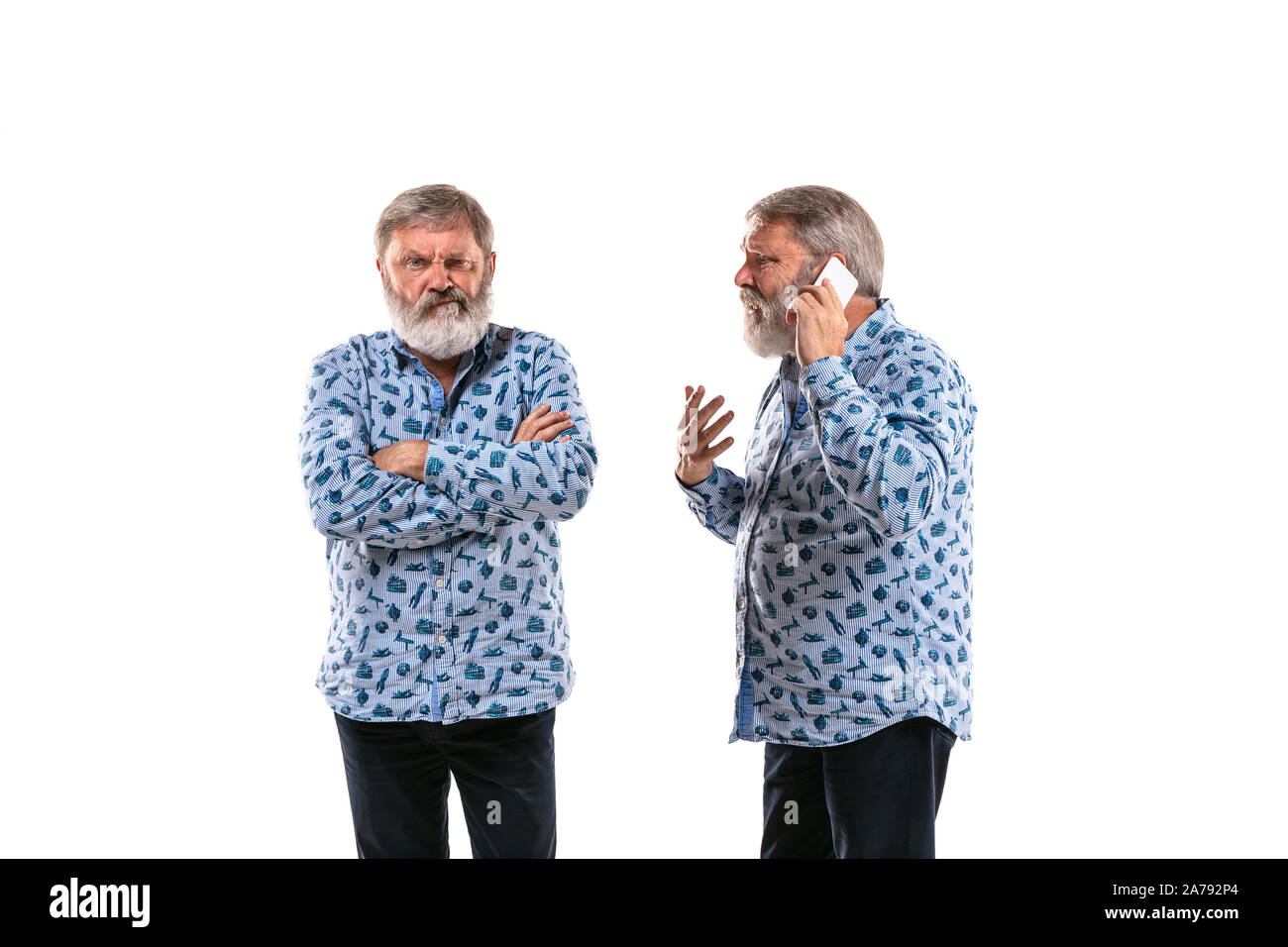 Senior man arguing with himself on white studio background. Concept of ...
