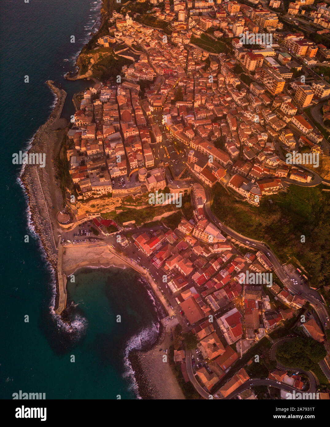 Aerial view of Pizzo Calabro, pier, castle, Calabria, tourism Italy ...