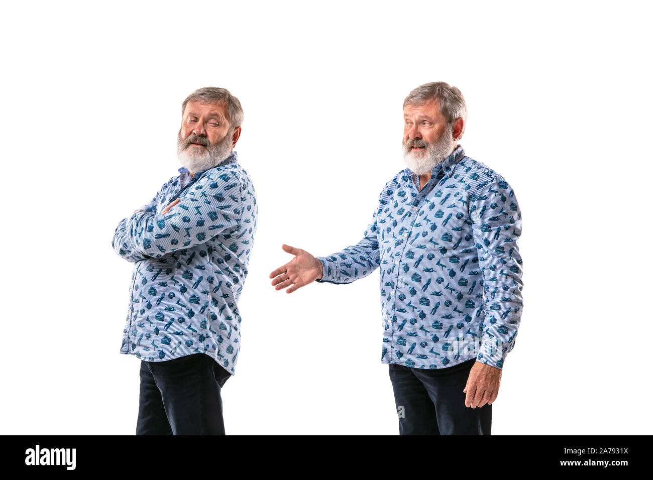 Senior man arguing with himself on white studio background. Concept of ...
