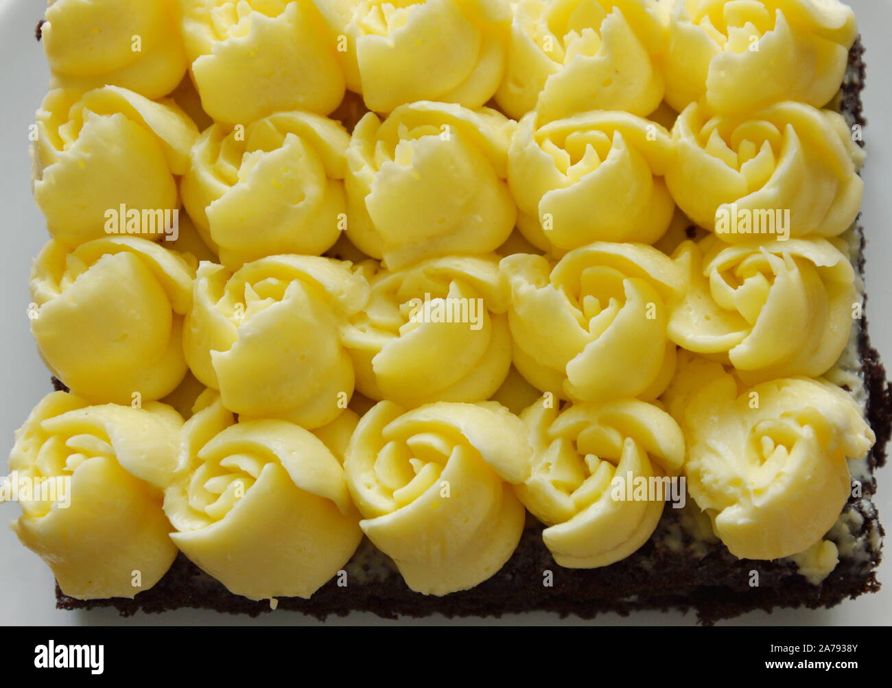 cream decorate rose flower topping chocolate cake on plate Stock Photo ...