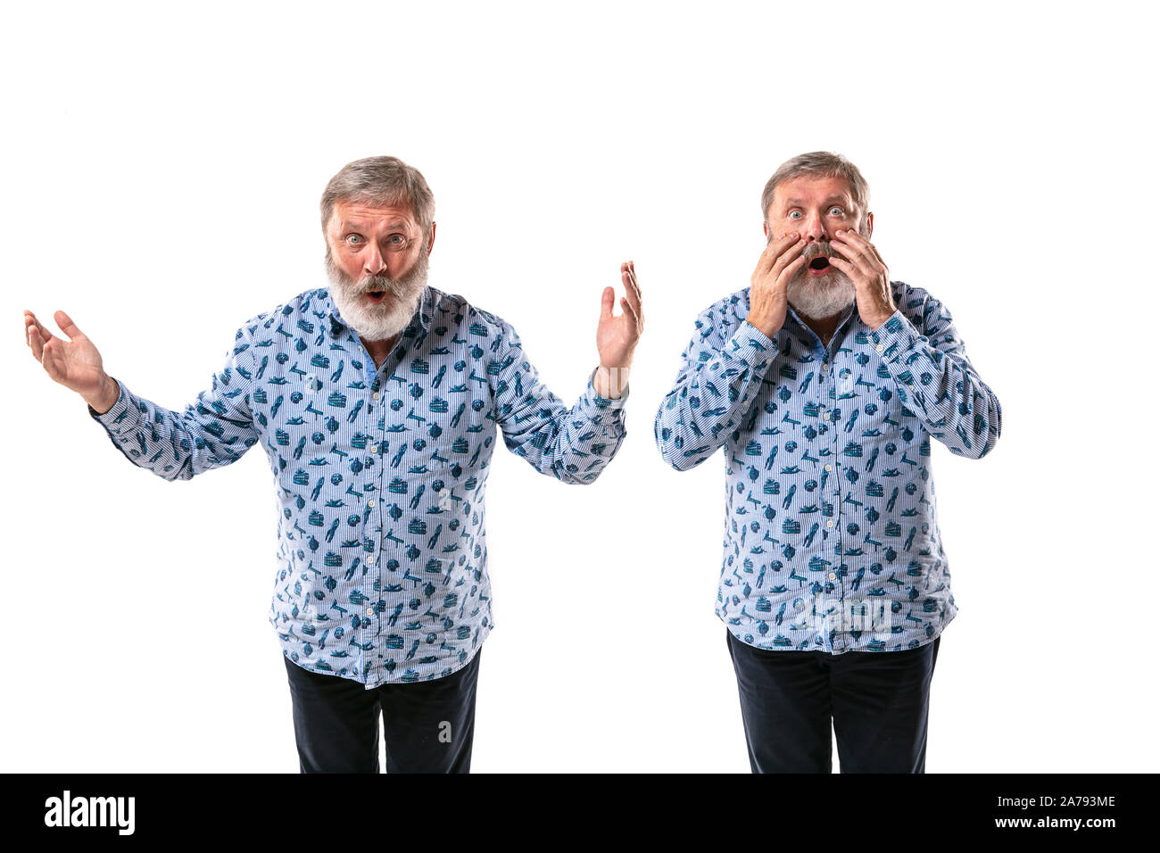 Senior man arguing with himself on white studio background. Concept of ...
