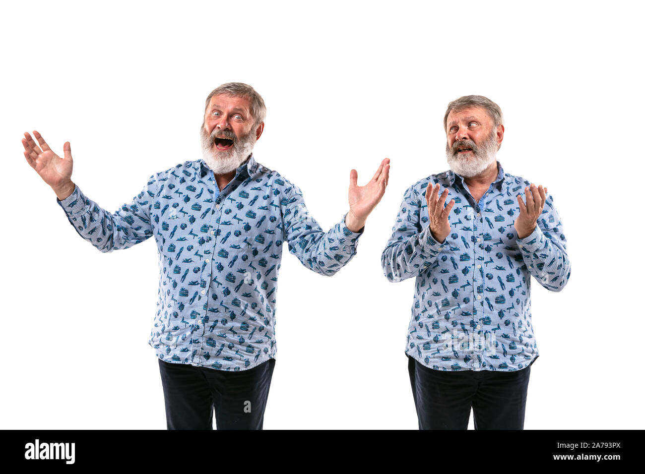 Senior man arguing with himself on white studio background. Concept of ...