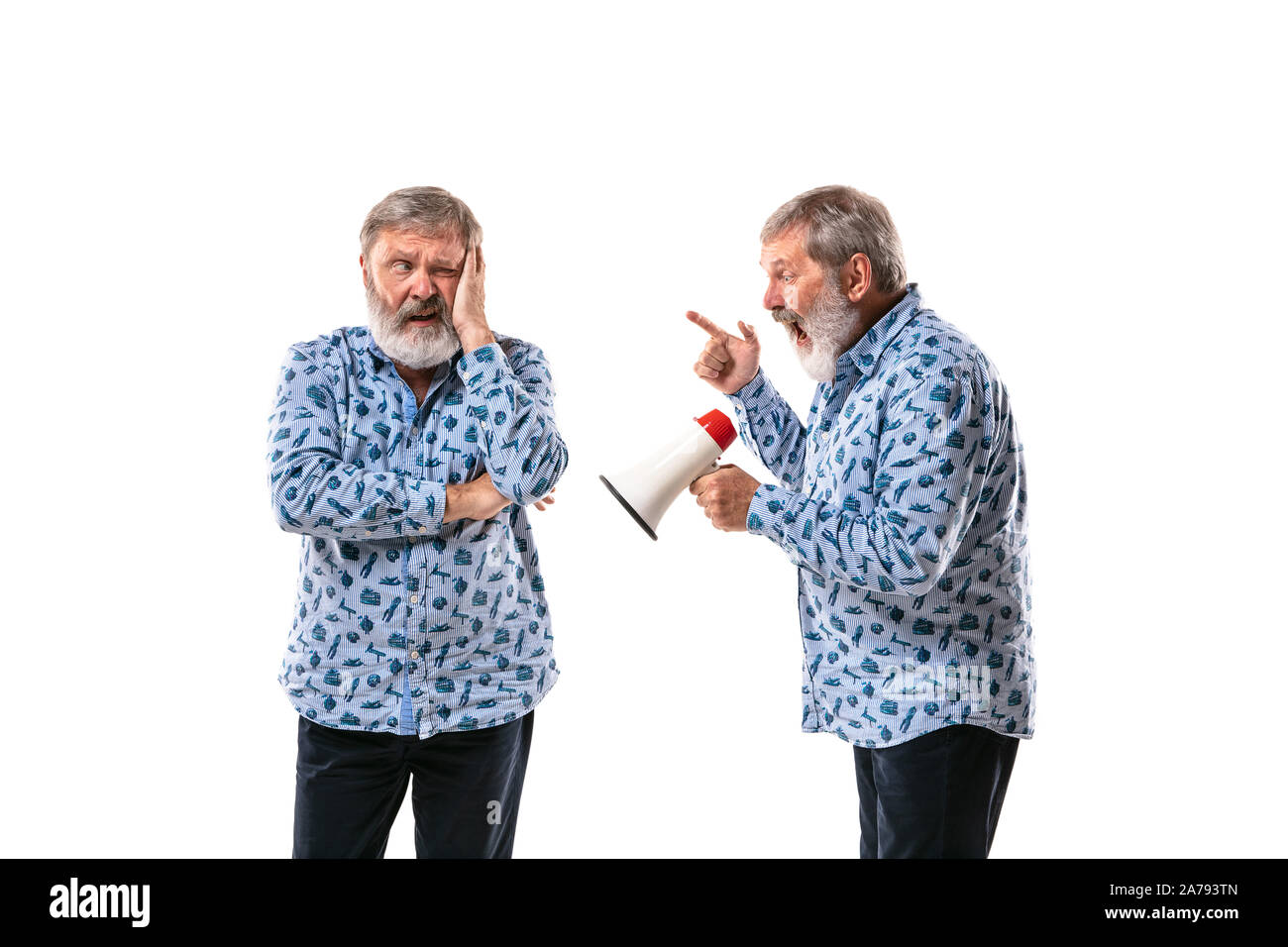 Senior man arguing with himself on white studio background. Concept of ...