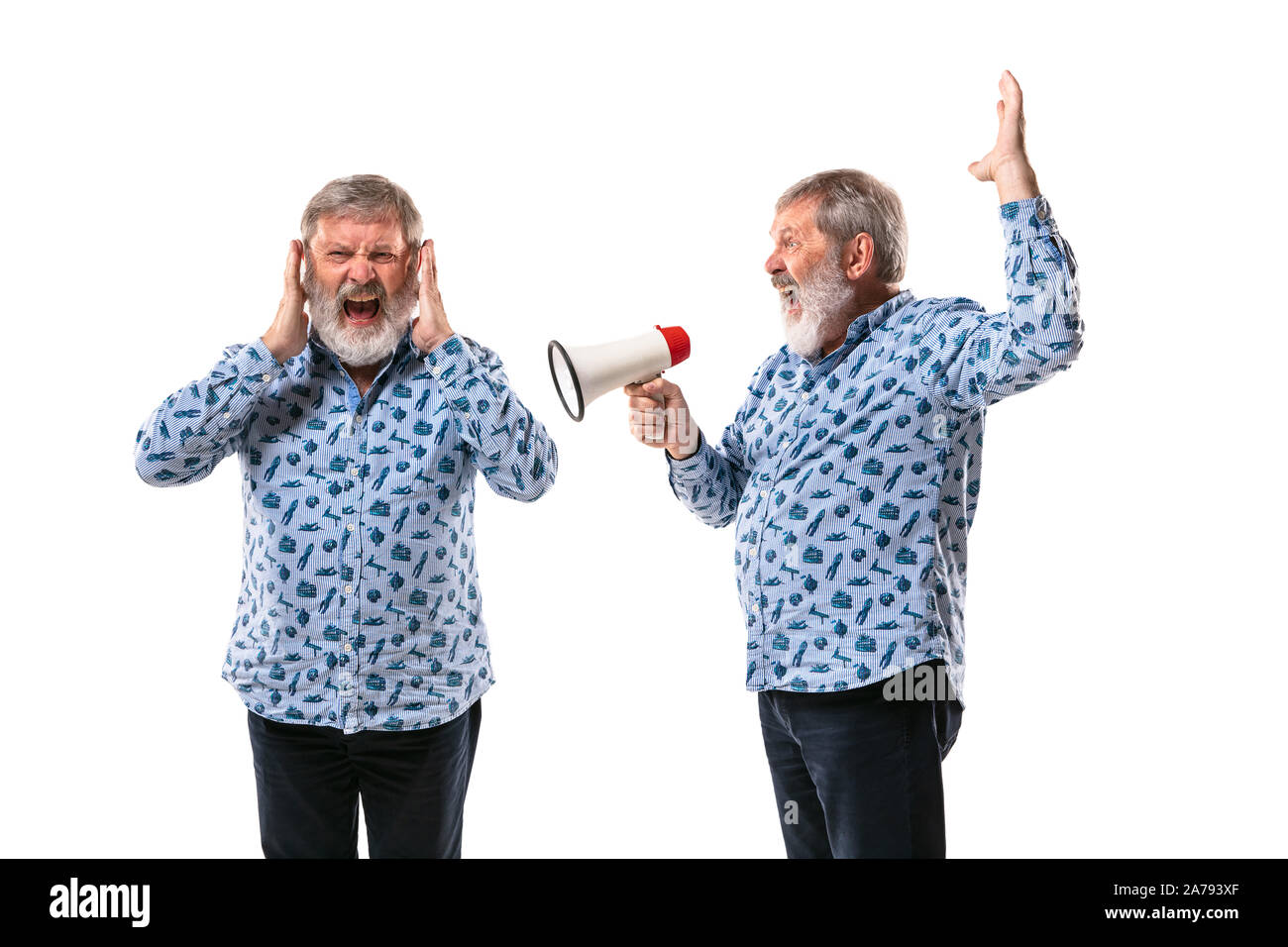 Senior man arguing with himself on white studio background. Concept of ...