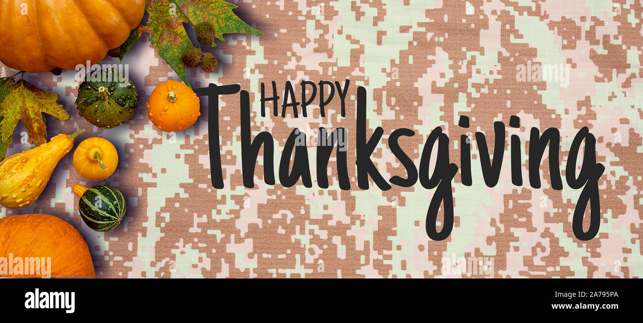 Happy Thanksgiving text, flat lay with colorful pumpkins and fruits on ...