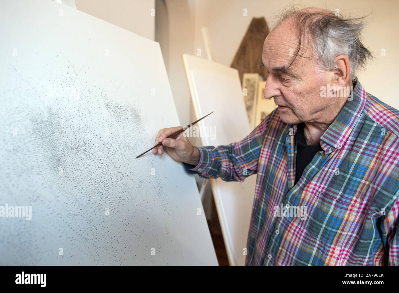 Duesseldorf, Germany. 31st Oct, 2019. Harald Naegeli, artist, stands in ...