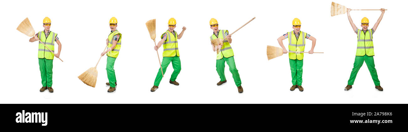 The funny janitor with broom isolated on white Stock Photo - Alamy