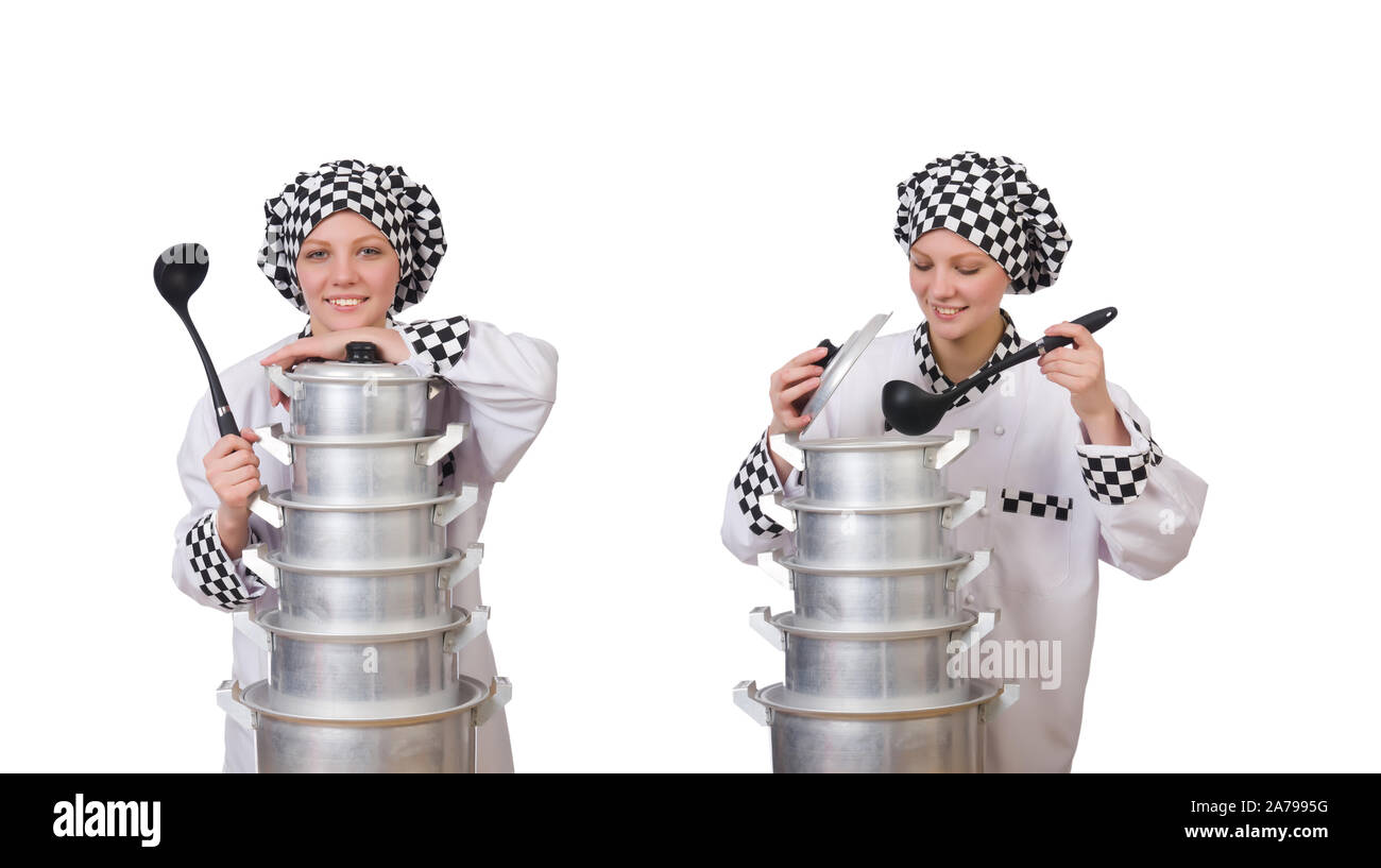 The cook with stack of pots on white Stock Photo - Alamy