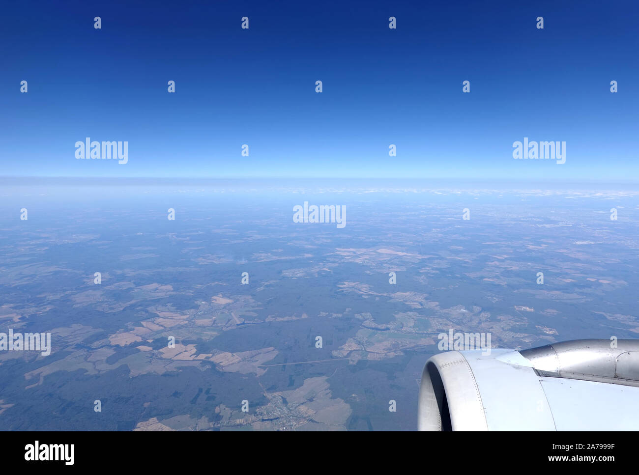 View to the earth from stratosphere from flying airplane in long flight ...