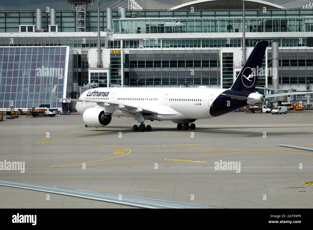 MUNICH, GERMANY - May 14, 2019: Passenger supersonic plane Airbus A220 ...