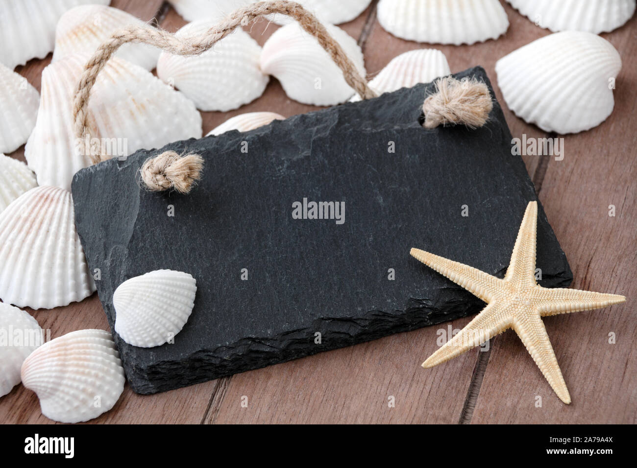 Summer beach decoration with label Stock Photo - Alamy