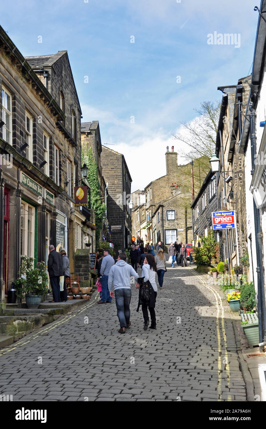 Tourist on Haworth Main street, Bronte country, Yorkshire Stock Photo ...