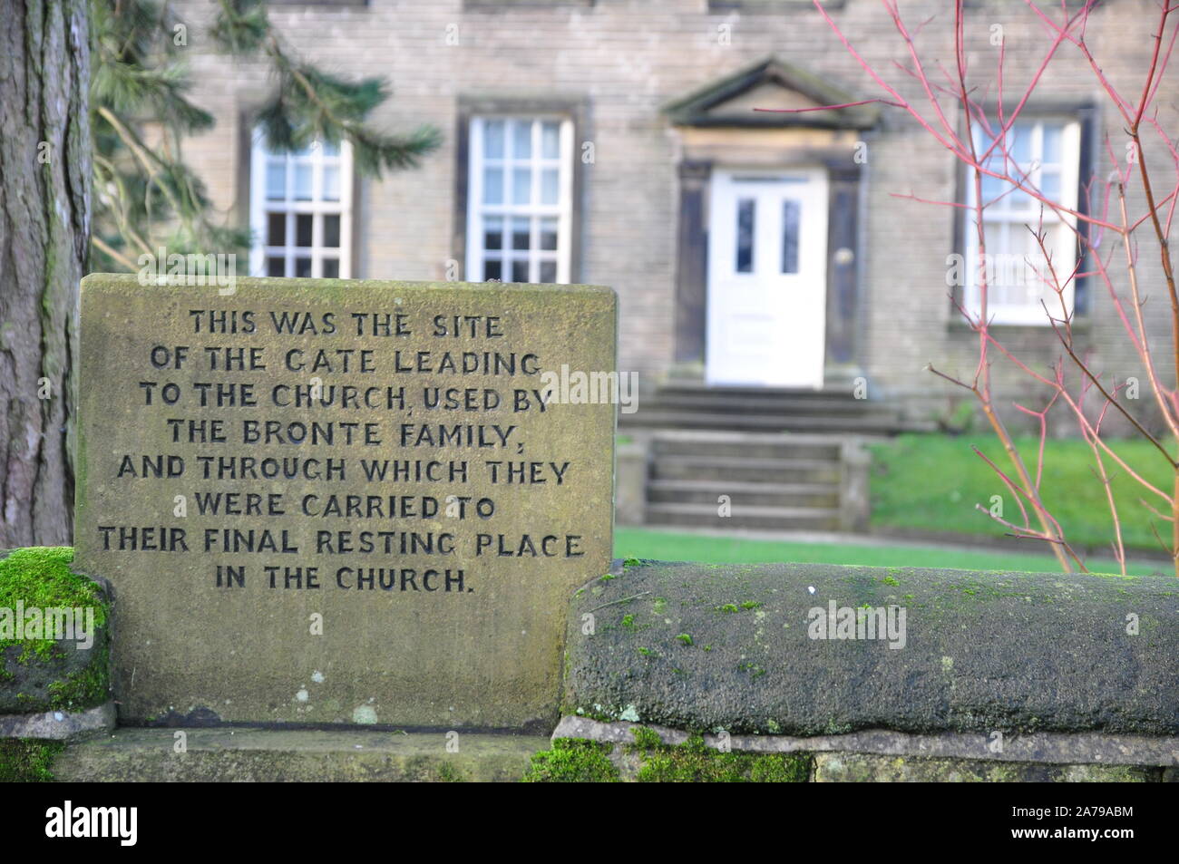 Plaque showing gate to church, Haworth Parsonage Museum, Bronte country ...